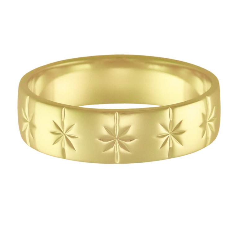 Mid Century Engraved Stars Yellow Gold Vintage Wedding Ring - 5mm - 14K ...