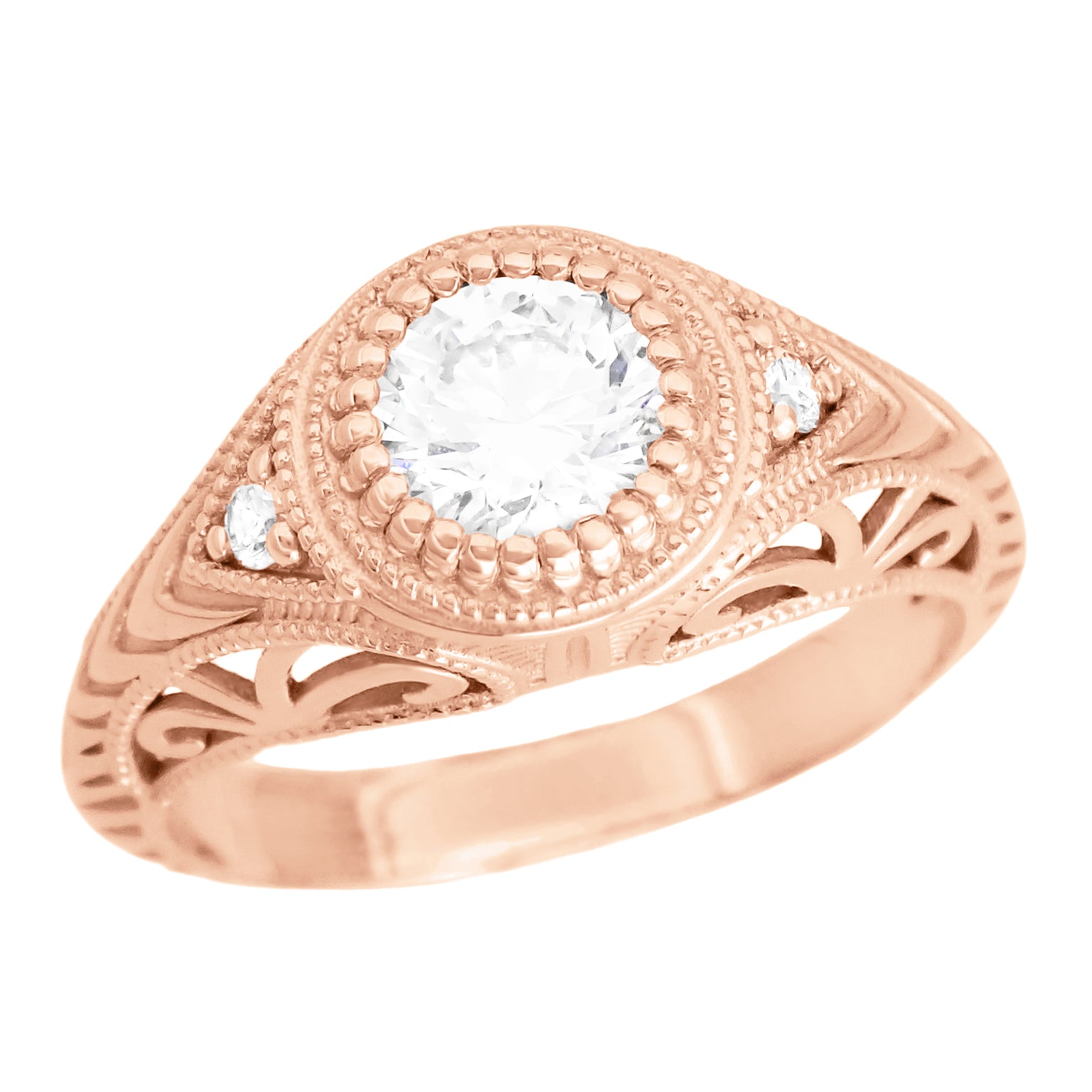 Rose Gold Art Deco Filigree Antique Carved Hexagon Diamond Engagement ...