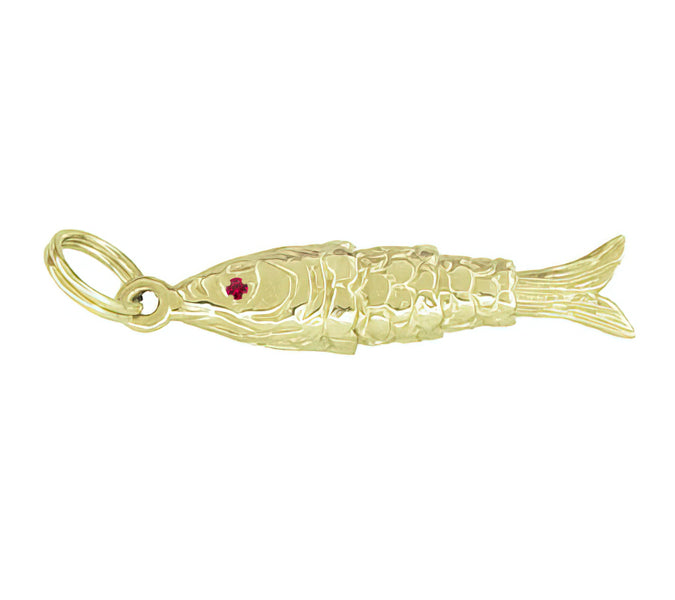 Vintage Movable Wiggling Fish Charm - Yellow Gold with Gem Eyes - Ruby ...