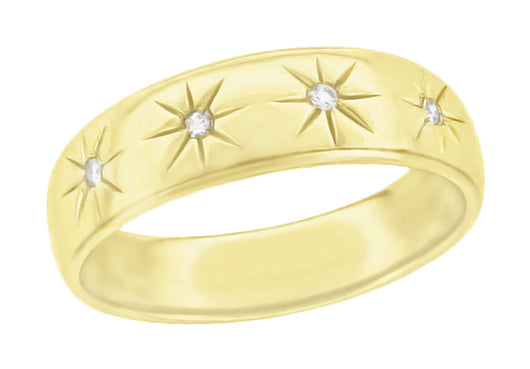 Mid Century Engraved Stars Yellow Gold Vintage Wedding Ring - 5mm - 14K ...
