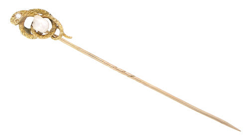 Antique Victorian Snake Stick Pin with Diamond and Pearl in 14 Karat ...