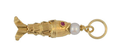 Movable Wriggling Fish Charm with Pearl and Ruby Eyes in 18 Karat Gold ...