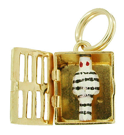 Enameled Movable Jail Cell and Prisoner Charm in 14 Karat Gold ...