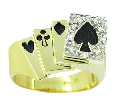 Vintage Mens 4 Aces Diamond Card Player Ring in 14 Karat Yellow Gold ...