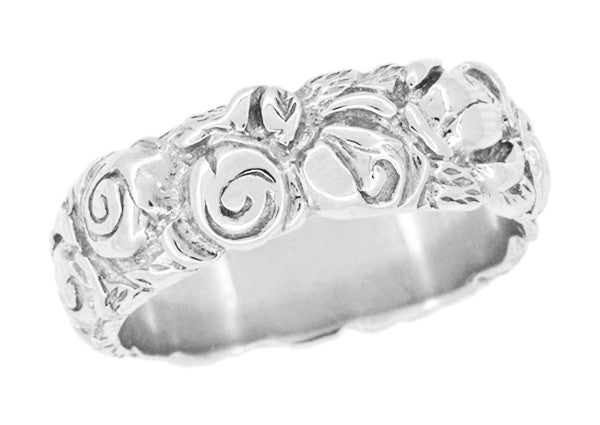 Engraved Roses Retro Wedding Ring in 14 Karat White Gold — Antique ...