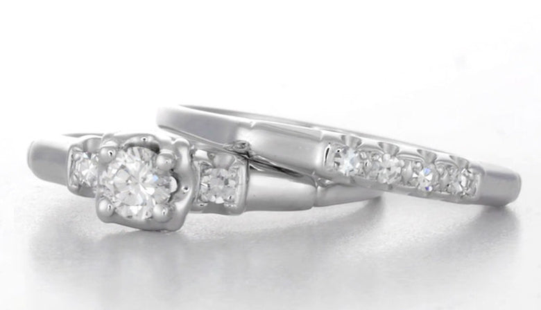 Art Deco Engraved Scrolls Vintage Diamond Engagement & Wedding Ring Set ...